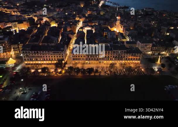 Night Aerial Drone Pan Over Illuminated Liston Promenade and Spianada ...