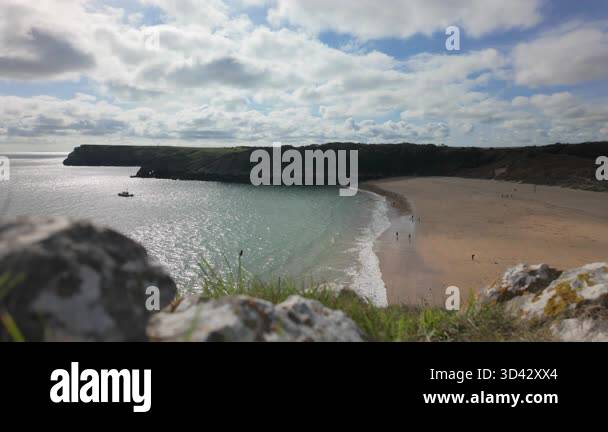 Establishing shot of Barafundle Bay Beach on the Pembrokeshire coast ...