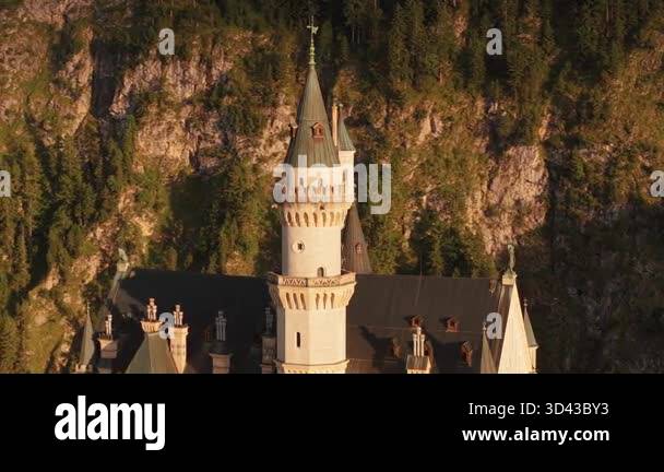 Aerial view of the tower of the famous Neuschwanstein Castle. Zoomed-in ...