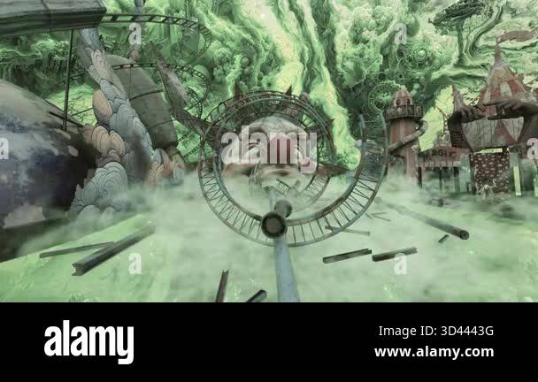 3D rendering of the amusement park with a large clown face sculpture ...
