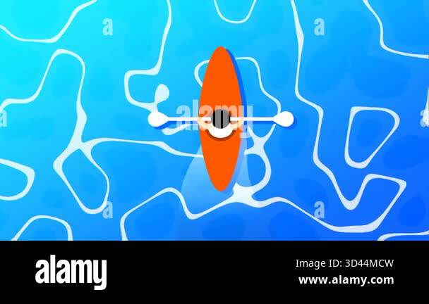 A lone kayak glides through shimmering blue water from a top view ...