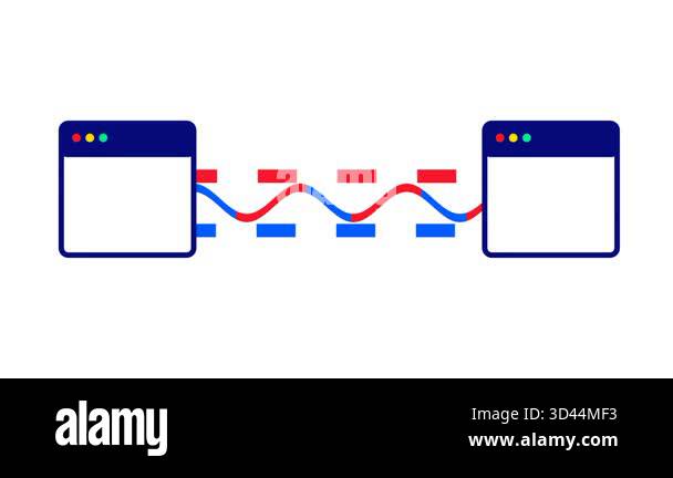 Two browser windows linked by colorful lines represent web ...