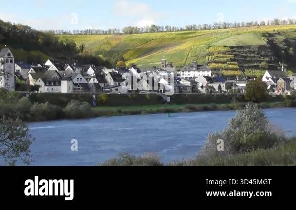 Mosel valley at village Lehmen during autumn, light flood Stock Video ...