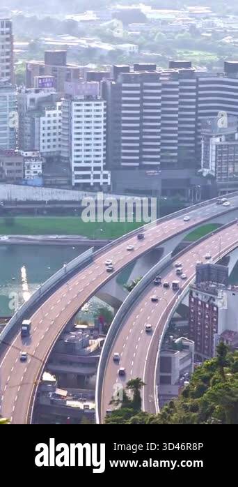 Taipei, Taiwan-13 March, 2018: Timelapse aerial view of highway bridge ...