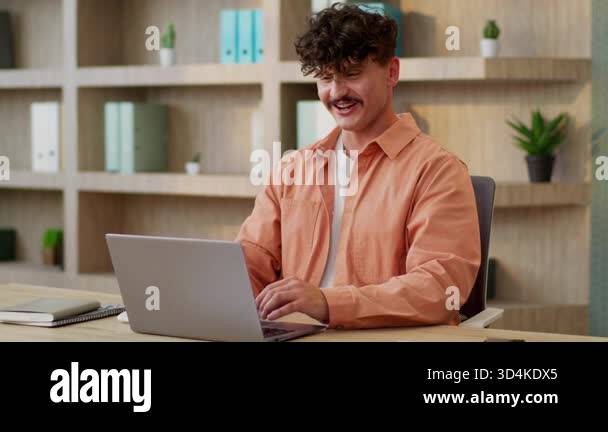 Office work computer typing Caucasian man businessman guy reading email ...
