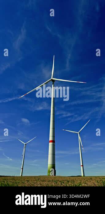 Tall white windmills against a blue sky. Wind turbines spinning and ...