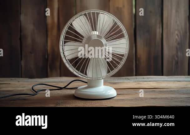 Vintage Electric Fan Spinning Slowly on a Wooden Table in Warm Sunlight ...