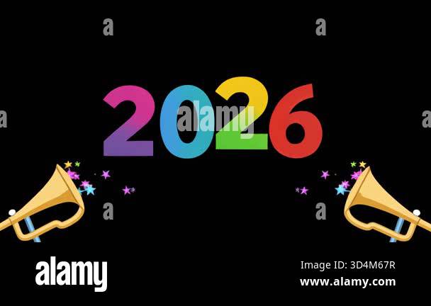 Black background with colorful numbers 2026, with two trumpets emitting ...