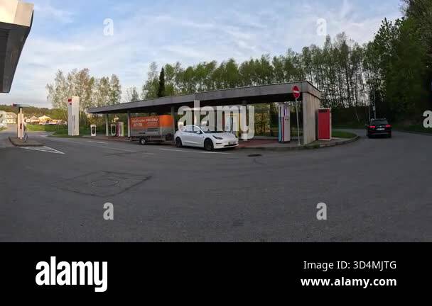 Humpolec,Czech republic-July 2 2025:modern Tesla charging stations are ...