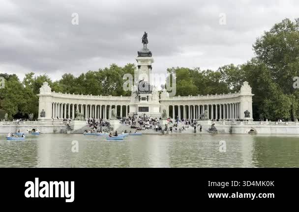 Madrid's iconic Retiro Park lake with people relaxing and boating by ...