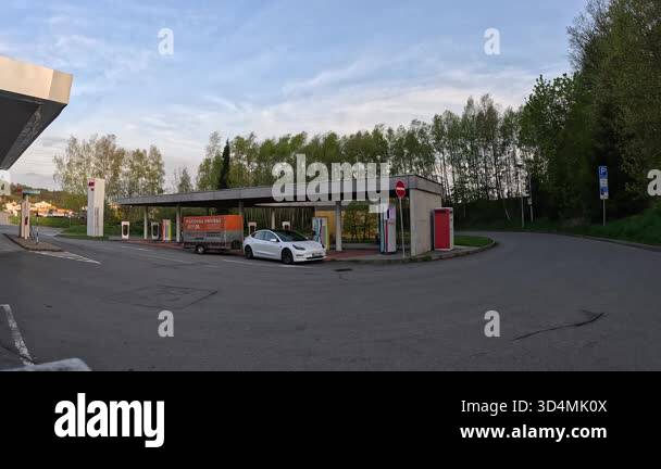 Humpolec, CZECH REPUBLIC - May 16 , 2023: Tesla charging stations are ...