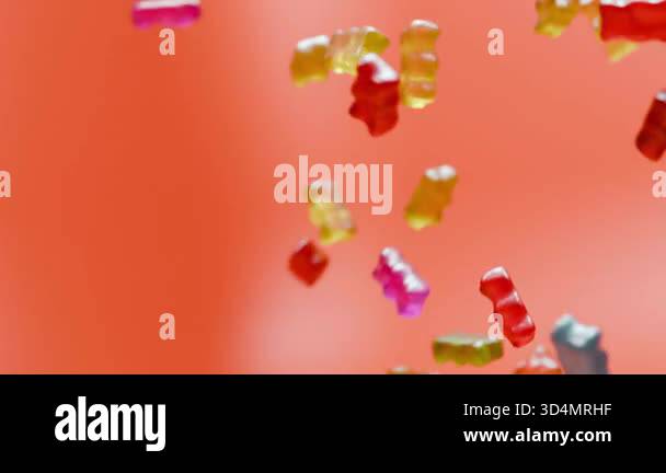 A stylized 3D animation of multiple gummy bears falling across a pastel ...