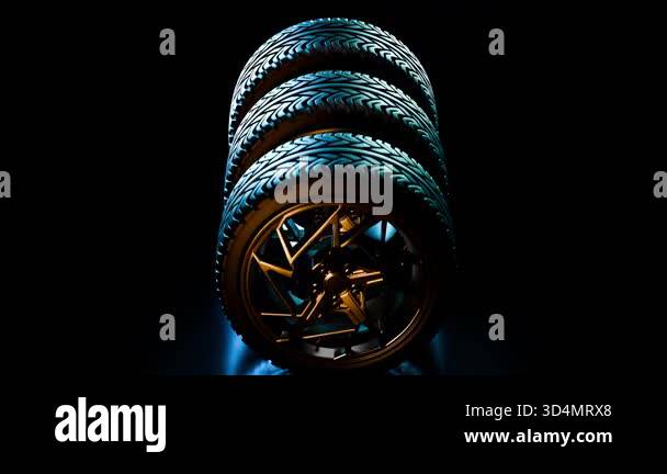 A clean studio loop featuring a vertical stack of three tyres, the ...
