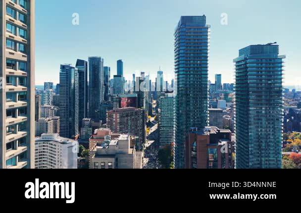 Spectacular panoramic drone view of modern Downtown skyscrapers, CN ...