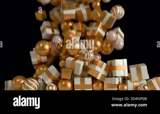 Festive 3D animation of golden and white Christmas presents and ...