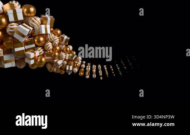 Elegant 3D animation of golden and white Christmas presents and baubles ...