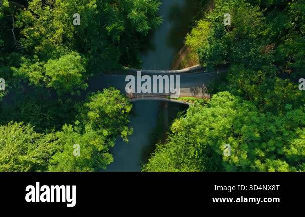 Bridge spanning calm forest river. Narrow crossing over water in lush ...