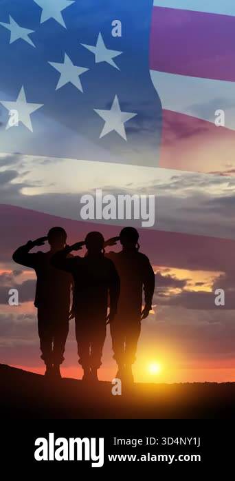 Silhouettes of soldiers saluting on background of sunset or sunrise and ...