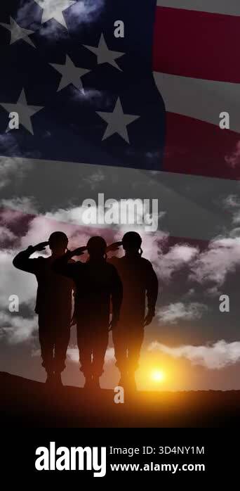 Silhouettes of soldiers saluting on background black and white sky and ...