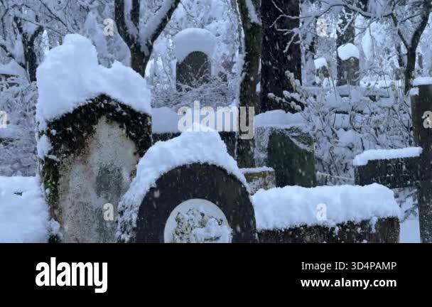 Tombstones in slow motion snowfall Holavallagardur cemetery Reykjavik ...
