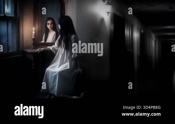 Creepy female ghost with a scary doll staring into the camera in a dark ...