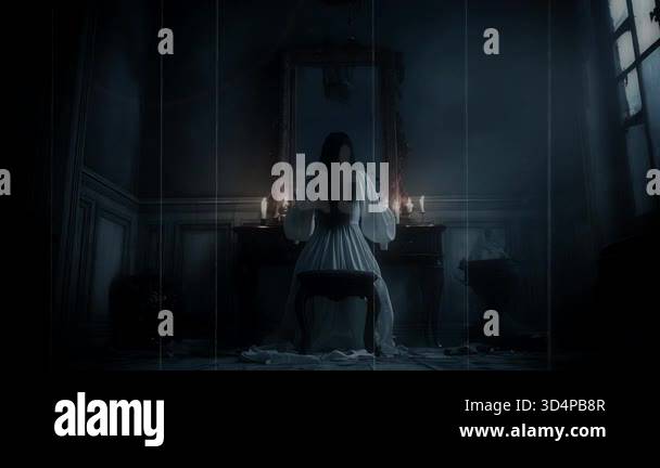 Female ghost in a white dress levitating during a satanic ritual in a ...