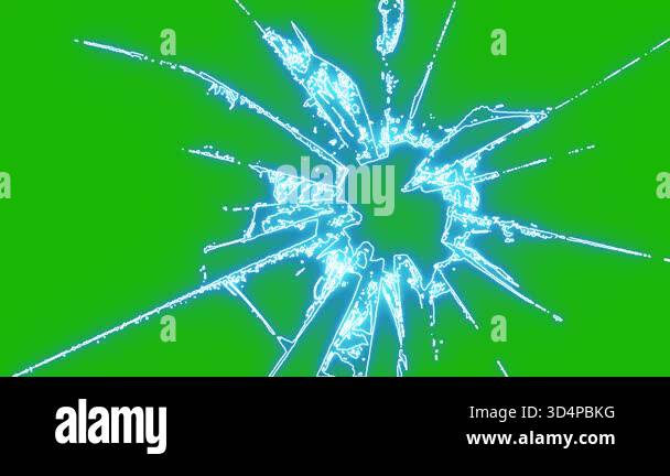 Shattered glass particles with a glowing light effect on a green screen ...