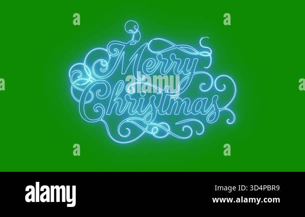 Glowing Merry Christmas text in vibrant neon lights on a green screen ...