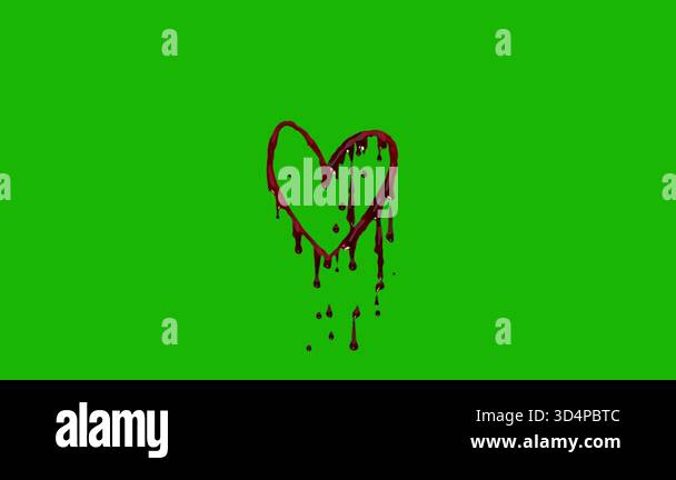 Animated bleeding effect on a red heart shape over a green screen ...