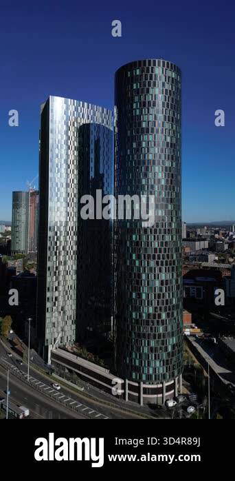 Vertical Aerial Drone shot of Manchester Deansgate Towers, UK City ...