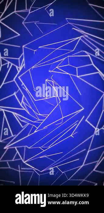 An array of abstract shapes in blue rotate gently. White lines ...