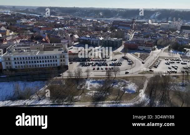 Kaunas, Lithuania February 21, 2025: Panoramic aerial footage of Kaunas ...
