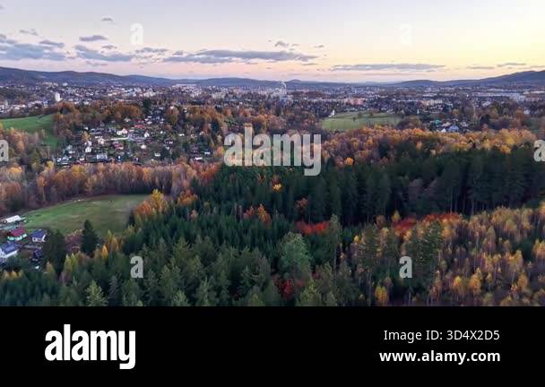 Suburban woodland panorama, Residential area bordering forest in autumn ...