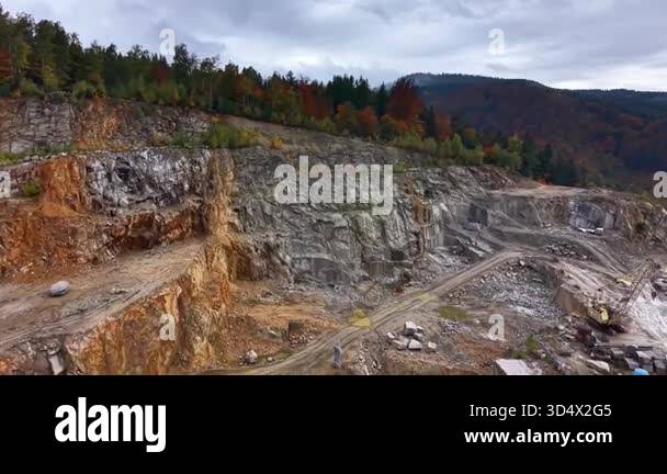 Drone quarry examination, Survey of rocky mountainous terrain, Scenic ...