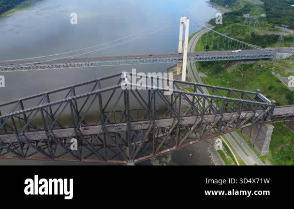 Aerial view of the cantilevered bridge pillars, the historic Quebec ...