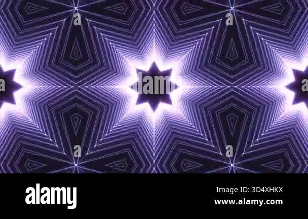 Purple neon kaleidoscope animation with glowing geometric star patterns ...