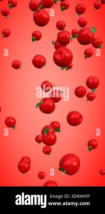3D animation of falling apples with a red gradient background in ...
