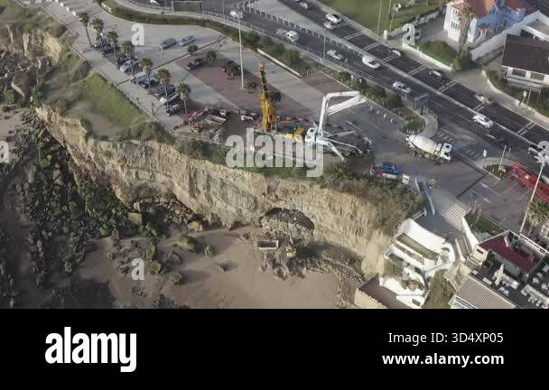 High-angle view of shoreline stabilization and construction work at ...