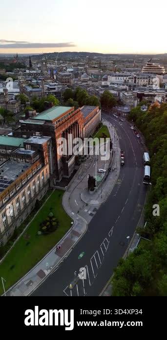 An aerial view of Edinburgh Scotland. Buildings with columns roads and ...