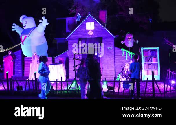 Naperville IL. USA 25 Oct 2025. Halloween decorations with glowing ...