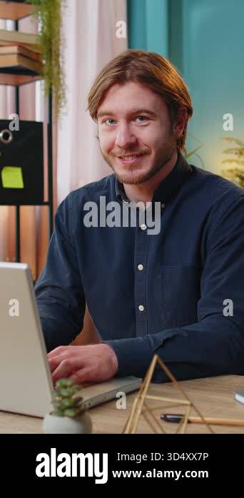 Hello. Happy Caucasian businessman employee waves hand hi gesture ...