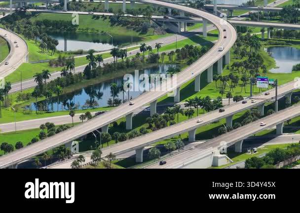 Miami freeway interchange with elevated road lanes for fast express ...