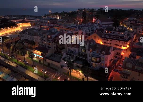 Cascais in the Night after sunset, Blue Hour, Twilights. Aerial view ...