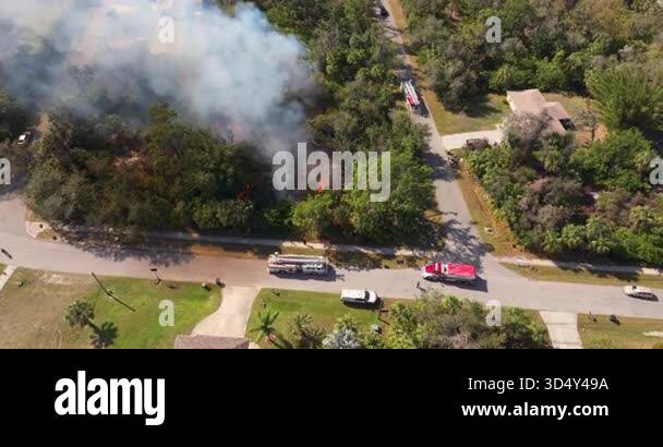 Aerial view of firefighters and fire trucks responding to vegetation ...