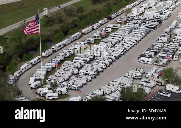 Dealers outdoor parking lot with many brand new travel trailers and ...