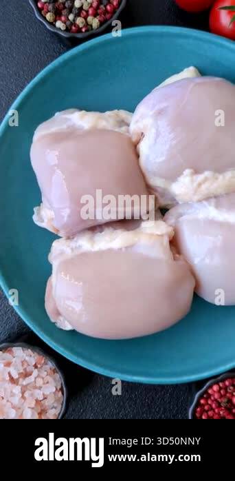 Chicken or turkey raw thigh fillet, skinless and boneless poultry meat ...