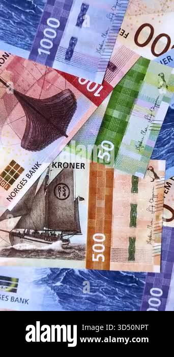 Money, currency of Norway, Norwegian krone banknotes of various ...