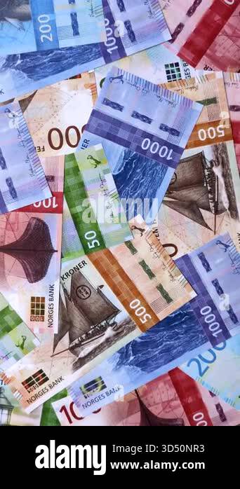 Money, currency of Norway, Norwegian krone banknotes of various ...
