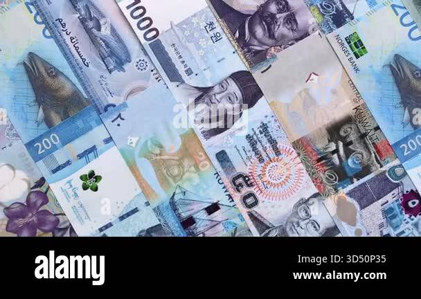 Money background, currency, paper banknotes from different countries ...