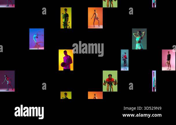 Quirky animation. Colorful collage of athletes performing and posing in ...